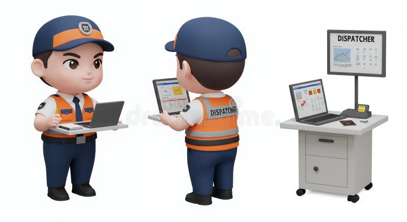 Three Cartoon Male Figures in Safety Vests Working on Laptops and ...