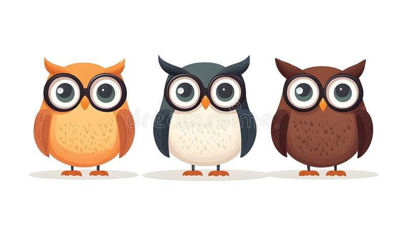 Three Cartoon Owls Wearing Glasses, Side-by-side Stock Illustration ...