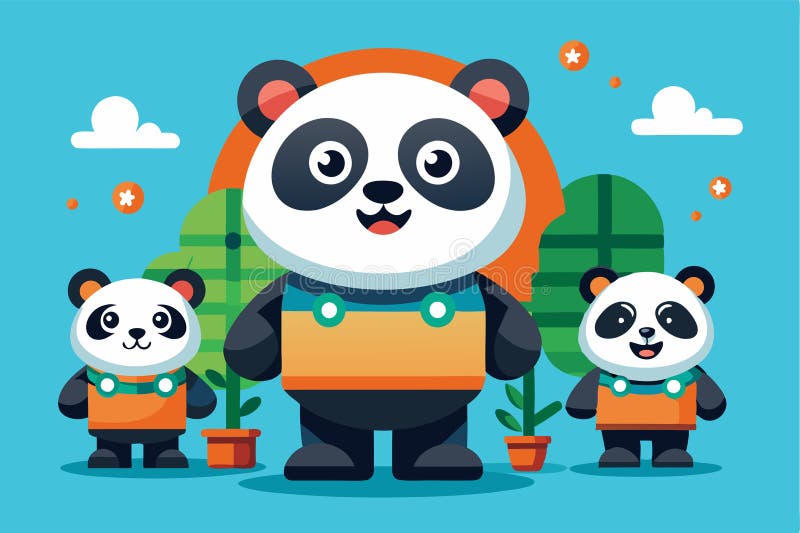 Three Cartoon Pandas Stand Cheerfully among Potted Plants Under a ...