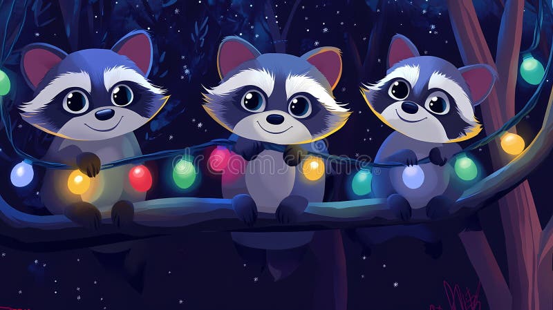 Three Cartoon Raccoons Hanging Lights on a Tree Branch at Night Stock ...