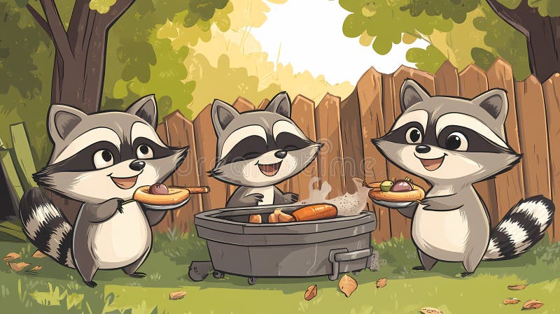 Three Cartoon Raccoons Joyfully Grilling in a Backyard Setting Stock ...