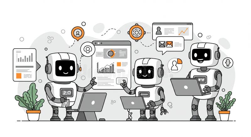 Three Cartoon Robots, Designed with a White and Gray Color Palette, are ...