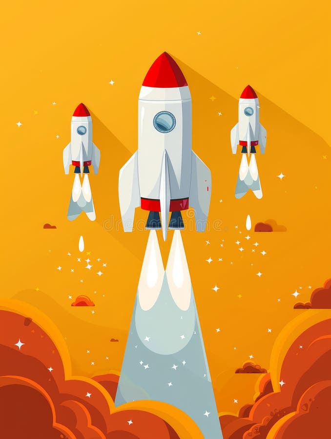 Le Illustration of Three Rocket Ships Taking Off in a Blue Sky with ...