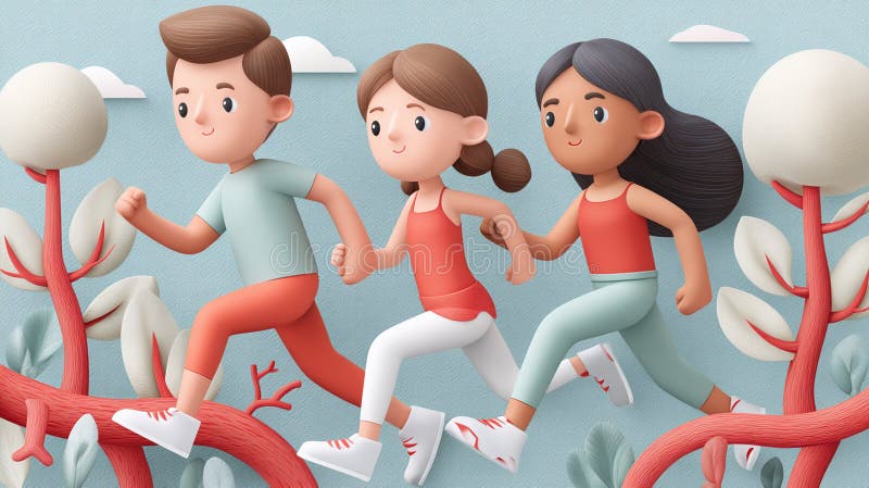 Three Cartoon Runners Joyfully Race through Whimsical Landscape Filled ...