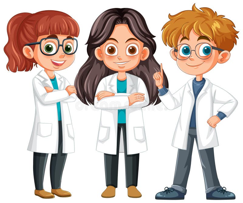 Three Cartoon Scientists Smiling Stock Vector - Illustration of ...