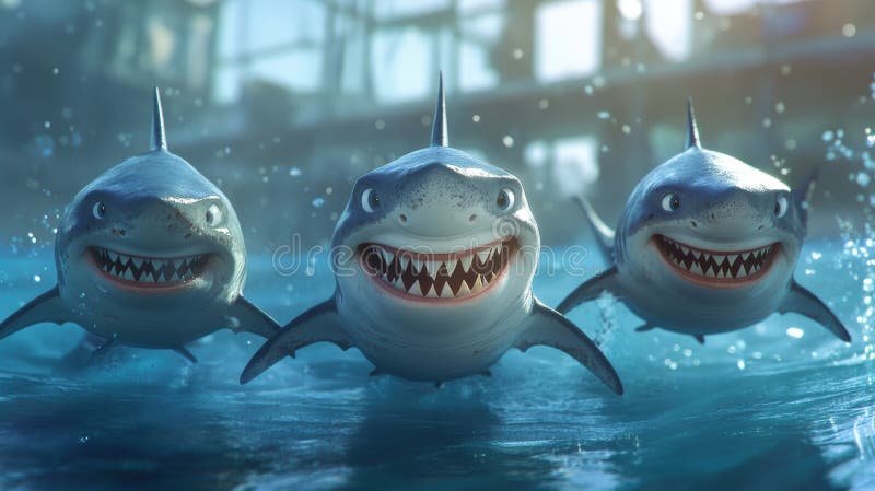 Three Cartoon Sharks Swimming with Exaggerated Playful Expressions ...