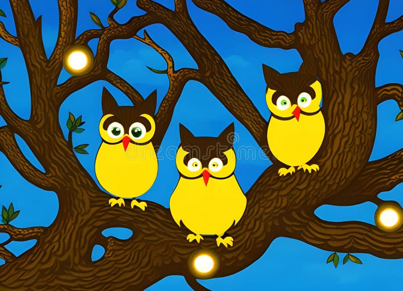 Three Cartoon Style Owls in a Tree Stock Illustration - Illustration of ...