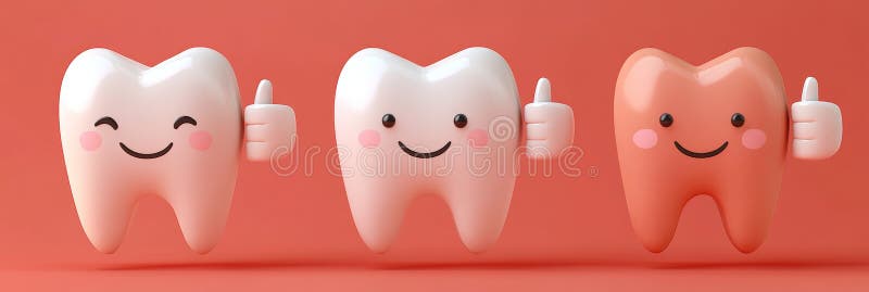 Three Cartoon Teeth Characters Giving Thumbs Up on a Red Background. 3D ...