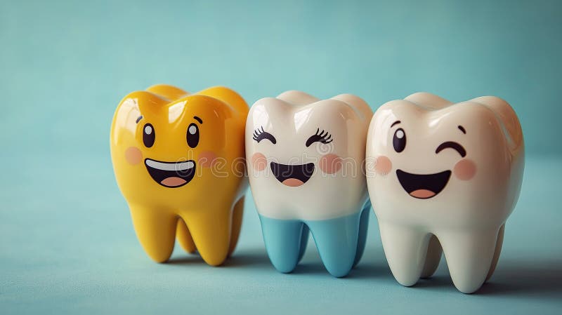 Three Cartoon Teeth, One Yellow, Two White, with Happy Expressions ...
