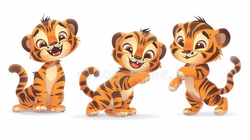 Three Cartoon Tigers in Different Poses, Showcasing Expressions and ...