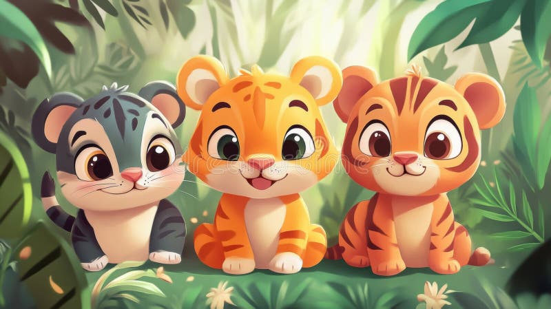 Three Cartoon Tigers are Sitting in a Jungle Setting, AI Stock Photo ...