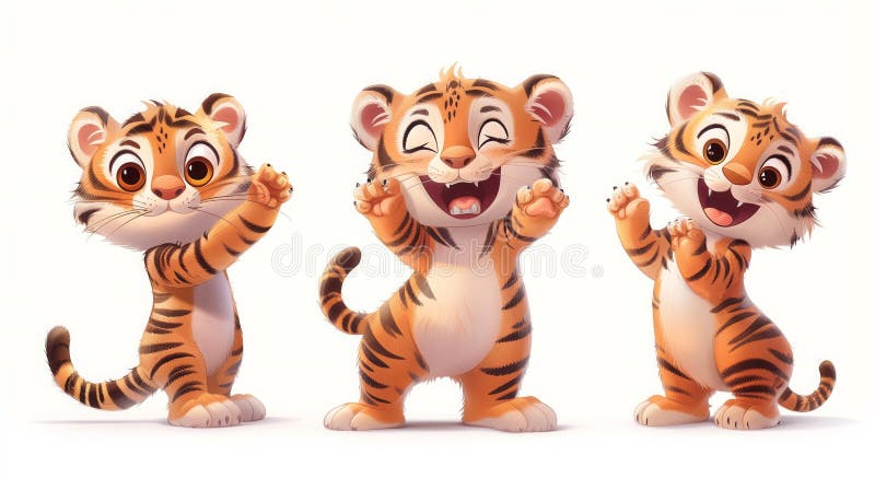Three Cartoon Tigers Standing in a Row Stock Illustration ...