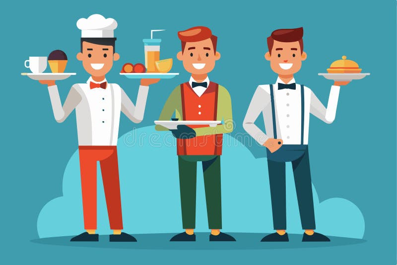 Three Cartoon Waiters Display a Variety of Food and Drinks, Creating an ...