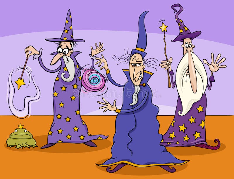 Three Cartoon Wizards Characters Group Stock Vector - Illustration of ...