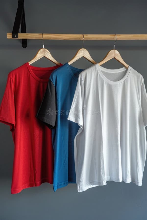 Three Casual T-shirts Hung on a Metal Rack, Ready for Use or Display ...