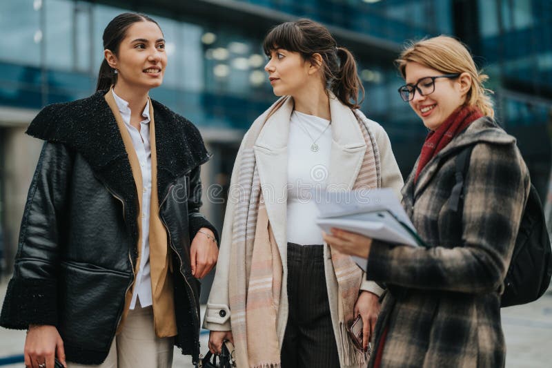 Group of Professional Women Interacting Outdoors in Urban Setting Stock ...
