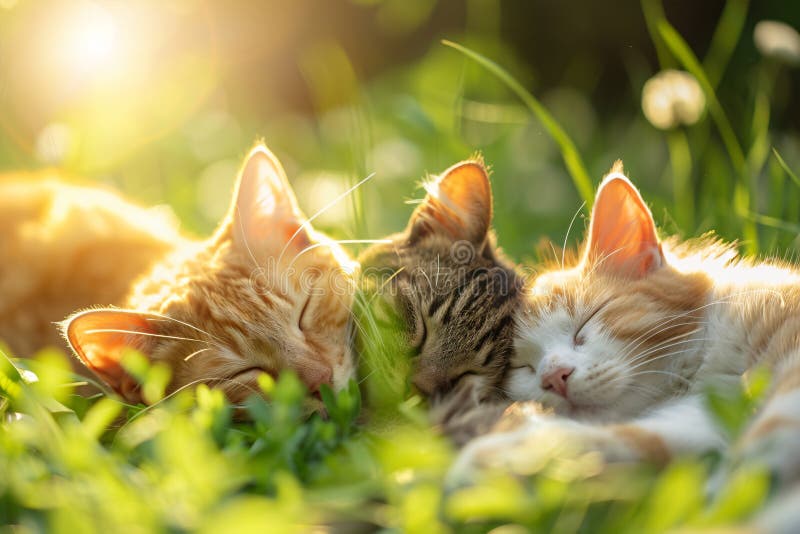 Three Cats Cuddling while Sleeping in Grass Stock Illustration ...