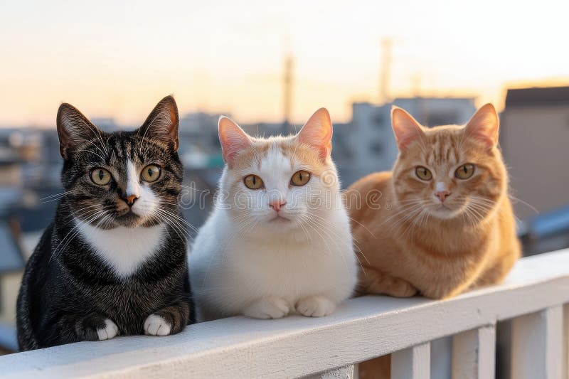 Three Cats of Different Colors Sit Side by Side on a White Balcony ...