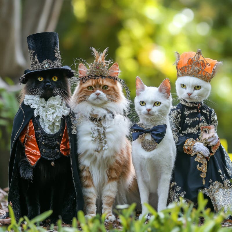 Three Cats Dressed in Elaborate Costumes Posing for a Formal Portrait ...