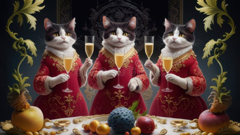 Three Cats Dressed in Red Holding Champagne Flutes with Fruit, AI Stock ...