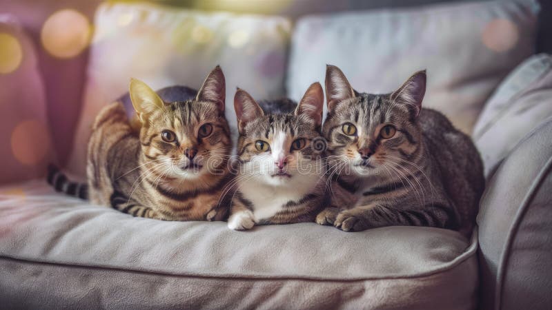 Three Cats are Laying on a Couch Together Looking at the Camera, AI ...