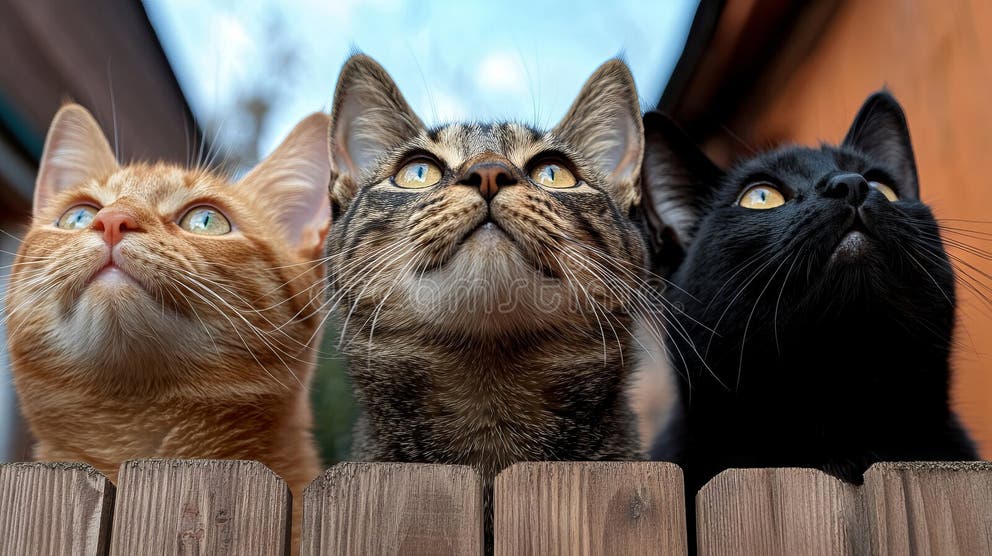 Three Cats Looking Up at the Sky Stock Image - Image of side, stand ...