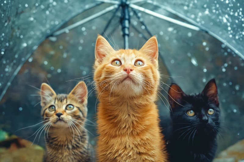 Three Cats Looking Up at the Sky with an Umbrella. Generative AI Stock ...