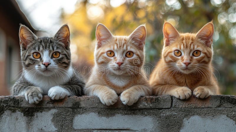Three Cats Relaxing on Stone Wall in Summer Stock Illustration ...