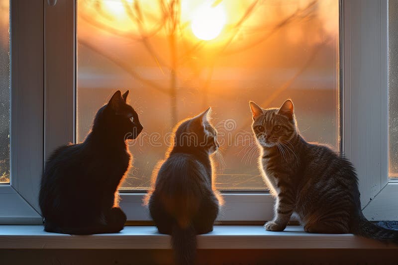 Three Cats Sit on a Windowsill, Watching the Sunset. Black Cat on Left ...