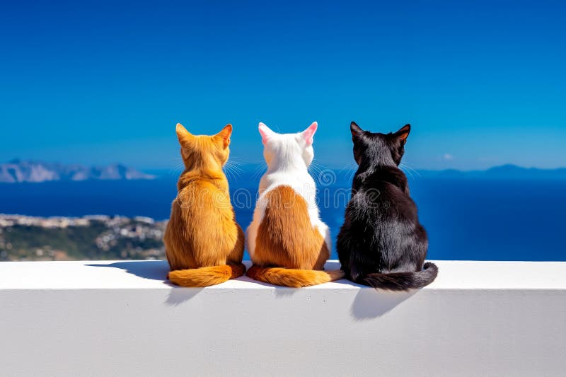 Three Cats Sitting on a Wall Looking Out Over the Ocean Stock Image ...