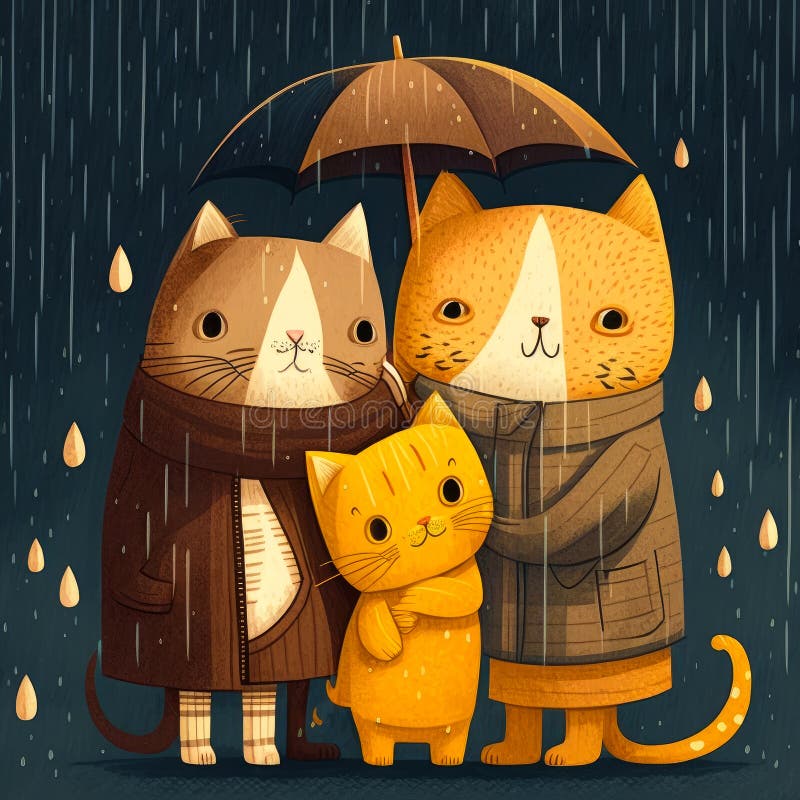 Three Cats are Standing Under an Umbrella in the Rain. Generative AI ...