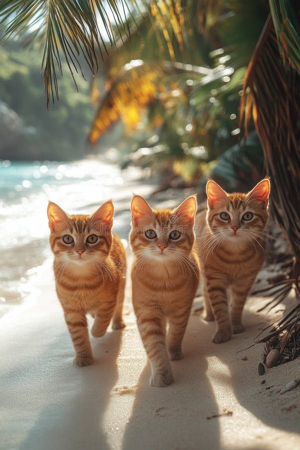 Three Cats on a Sunny Tropical Beach. the Concept of Tropical ...