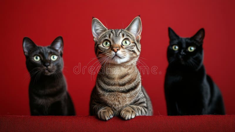 Three Cats, Two Black, One Tabby, Posed Against a Vibrant Red ...
