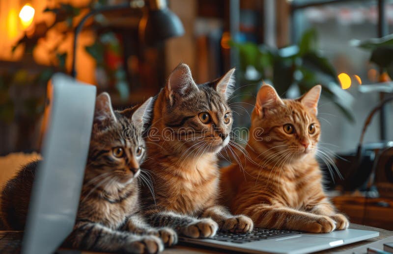 Three Cats Using Laptop. Three Cats are Sitting on a Desk, with One ...