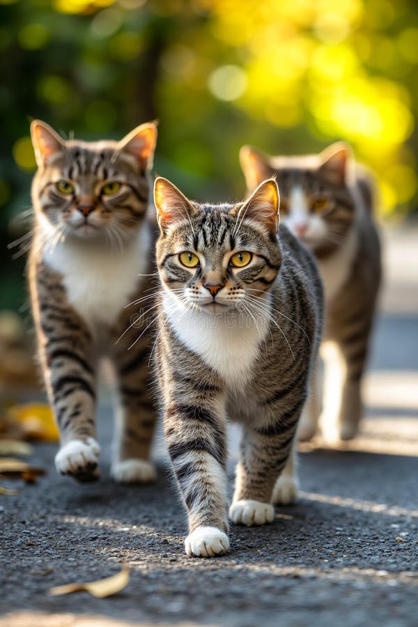 Three Cats Walking Down the Road Stock Image - Image of outdoor ...