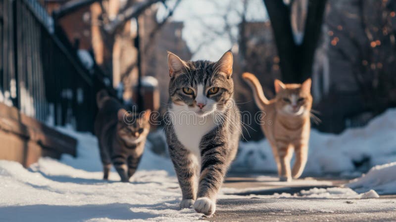 Three Cats Walking in Snowy City Street Stock Illustration ...
