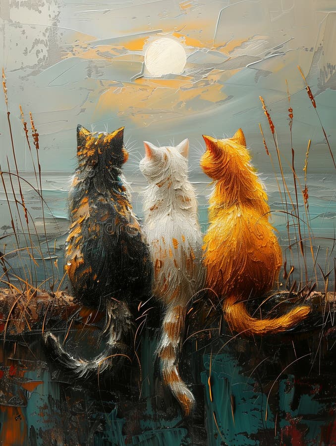 Three Cats Watching Sunset Over Water Stock Image - Image of outdoor ...