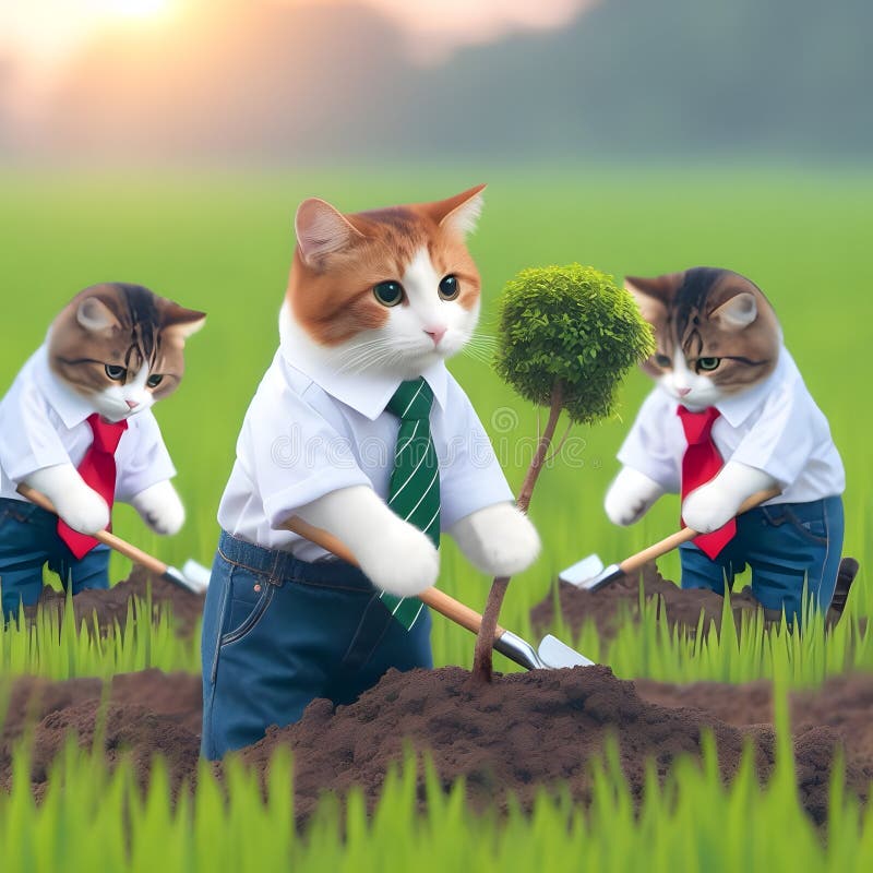Three Cats Were Digging or Planting Small Trees, while Two Other Cats ...