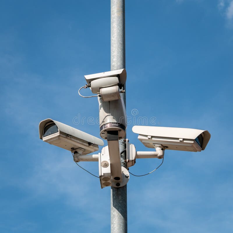 Three CCTV Cameras on a Pole. Stock Image - Image of pillar, urban ...