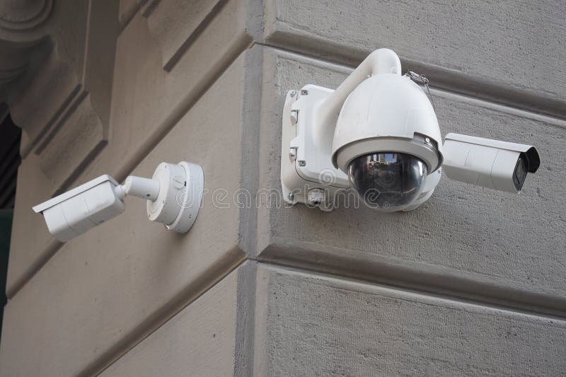 Three CCTV Security Camera Operating on a Building Outdoor Stock Image ...