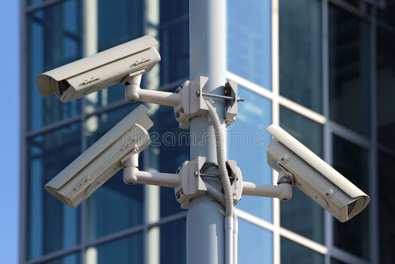 Three Cctv Security Cameras on the Street Pylon Stock Image - Image of ...