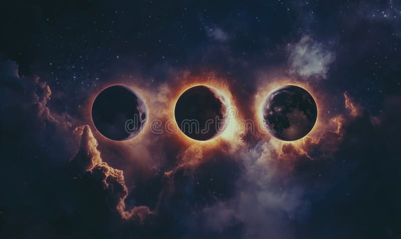 Three Celestial Bodies in Cosmic Alignment with Glowing Halos and ...