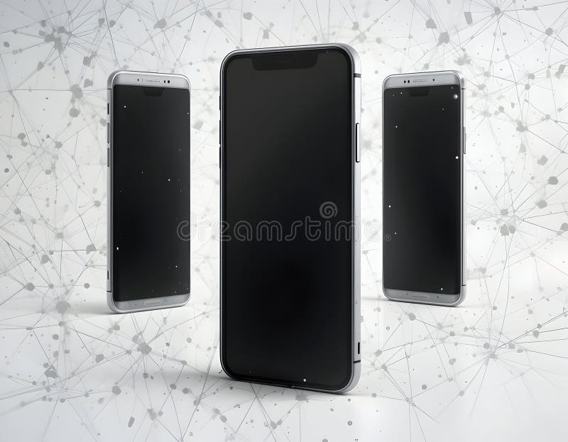 Three Cell Phones Standing with Dark Screens on Abstract Network ...