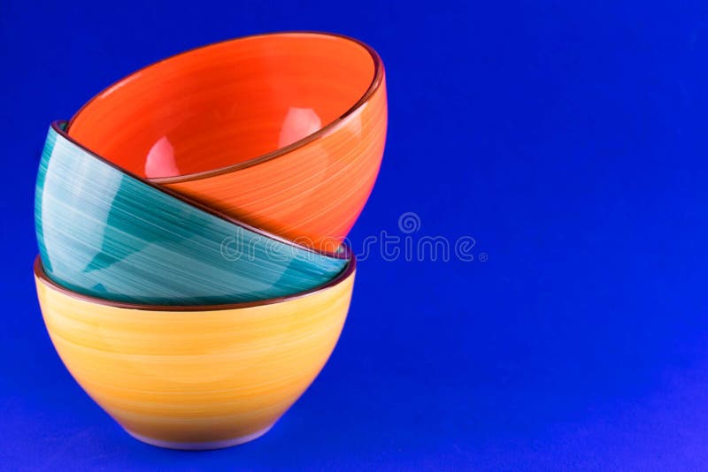 Three Ceramic Bright Multicolored Bowls Blue Background Copy Space ...