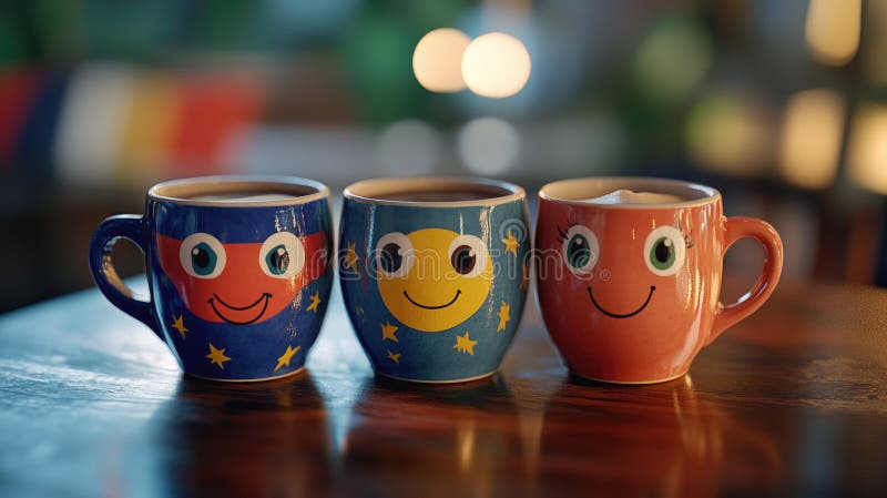 Three Mugs with Hand-Painted Faces Stock Photo - Image of craft ...