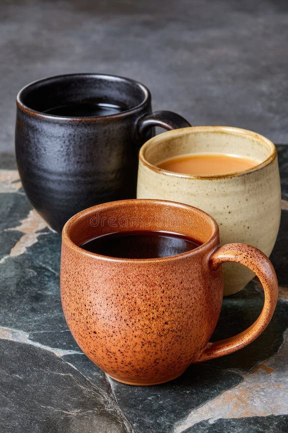 Three Ceramic Mugs with Varied Beverages on Textured Stone Surface ...