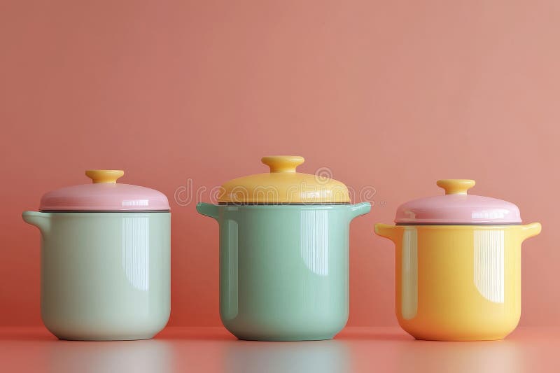 Three Ceramic Pots with Lids in Different Pastel Colors on a Pink ...