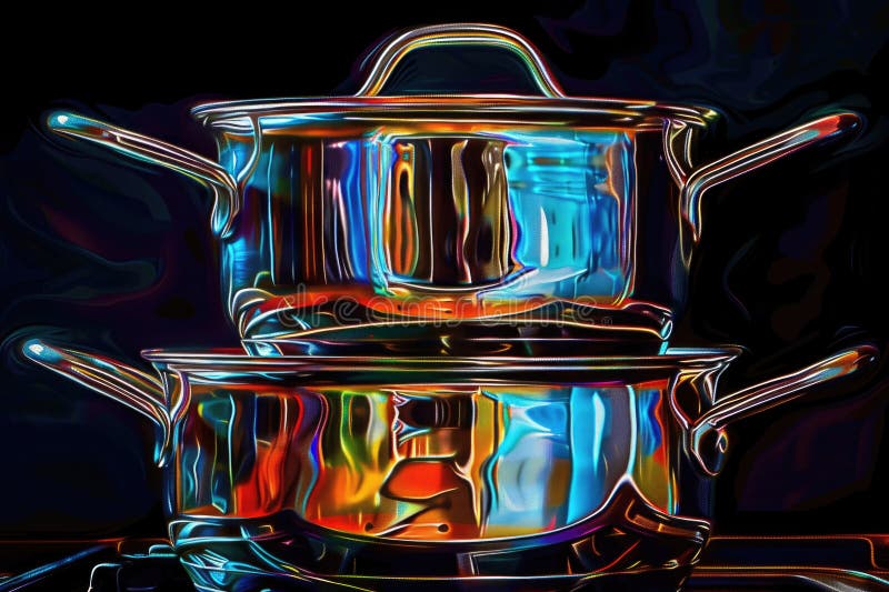 Three Ceramic Pots and Pans Stacked on a Kitchen Stove Stock Photo ...