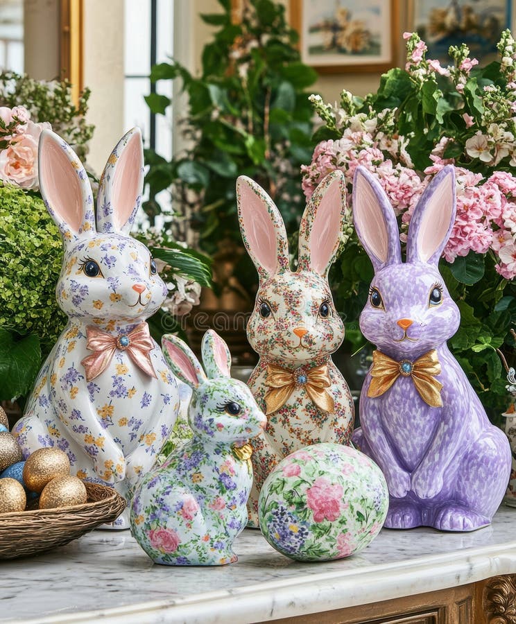 Three Ceramic Rabbits Adorn a Table, Surrounded by Vibrant Flowers for ...
