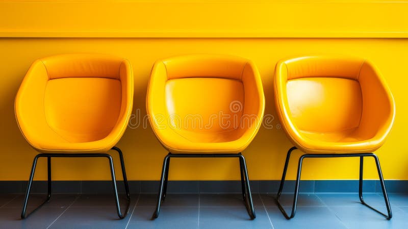 Three Chairs are Lined Up Against a Wall in Front of Yellow Paint, AI ...